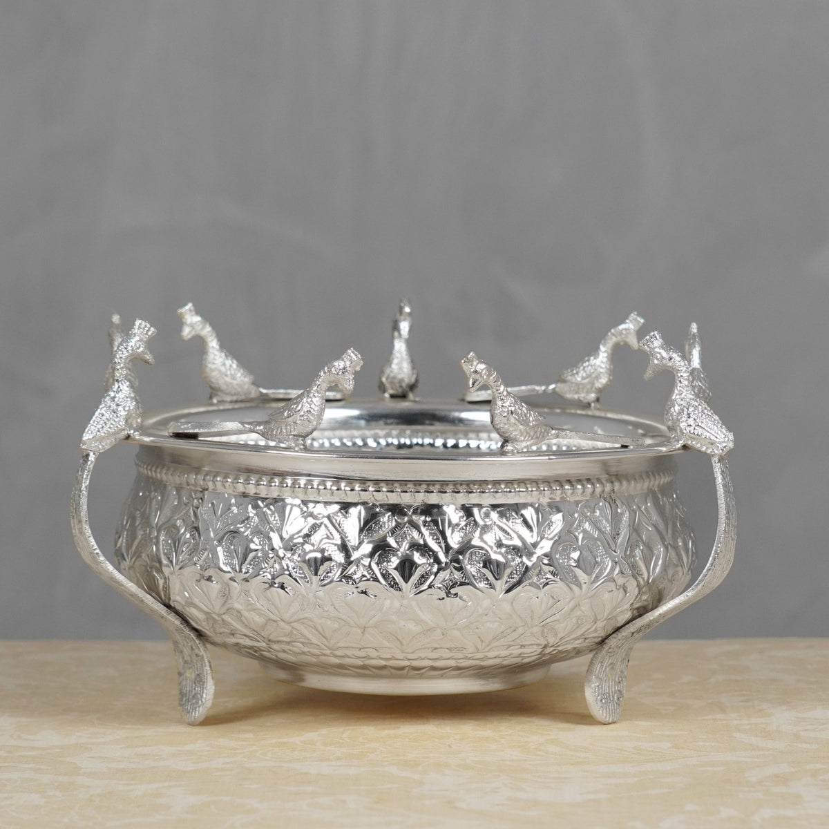 Brass Silver Coated Uruli with Peacock Design – UrthIndia